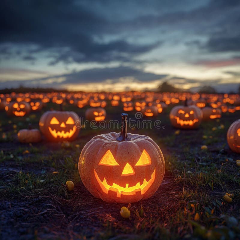 A Single Jack-O -Lantern Lit Up in a Field of Carved Pumpkins at Dusk ...