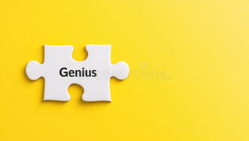 Single Jigsaw Puzzle Piece with the Word Genius Printed on it Lying on a Yellow Background ...