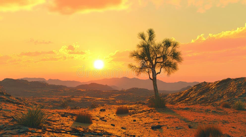 Single Joshua Tree at Sunset in Desert Stock Illustration ...