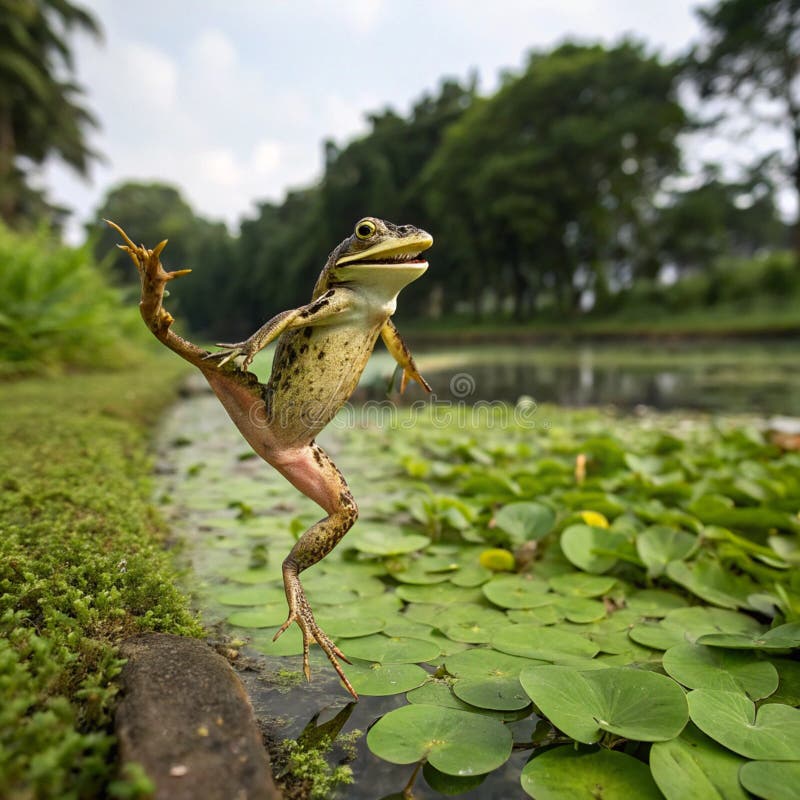 A Single Jumping Happy Frog Stock Illustration - Illustration of branch ...
