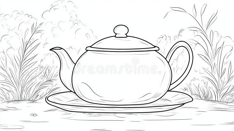 Single Kettle Outline Drawing on a White Page for Coloring, Featuring ...