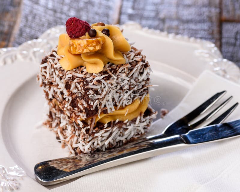 A Single Lamington Desert on a White Plate Stock Photo - Image of icing ...