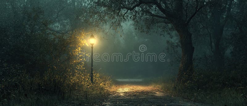 A Single Lamp Post Illuminates a Foggy Forest Path Stock Illustration ...