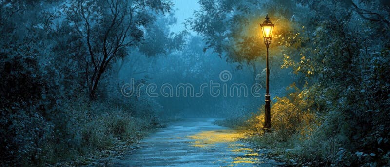 A Single Lamp Post Illuminates a Misty Path through the Woods at Dusk ...