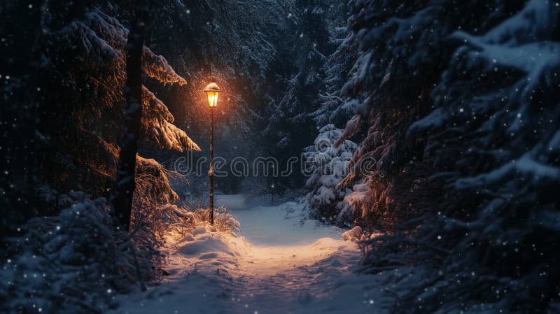 A Single Lamp Post Illuminates a Snowy Forest Path Stock Illustration ...