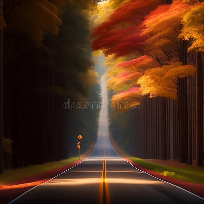 Single Lane Road with Autumn Trees Lining on Each Side. Fall Season ...