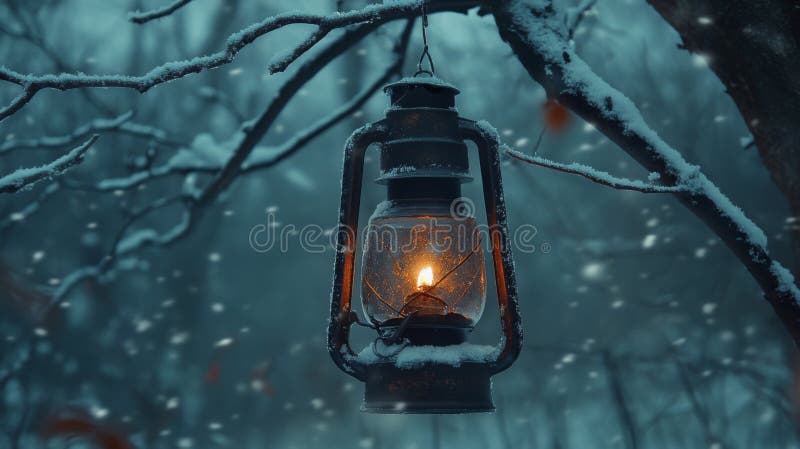 A Single Lantern Glows Amidst a Snowy Forest Stock Illustration ...