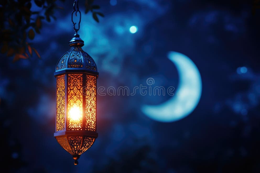 A Single Lantern Hangs from a Tree Branch Under the Light of the Full ...