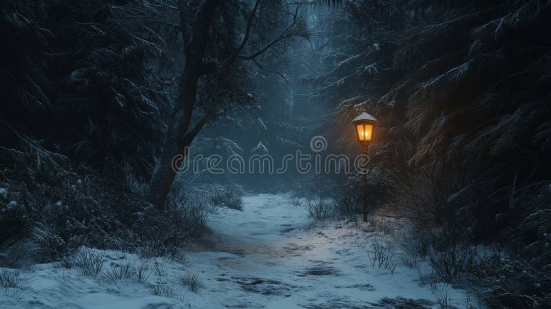 A Single Lantern Illuminates a Snowy Forest Path at Night Stock ...