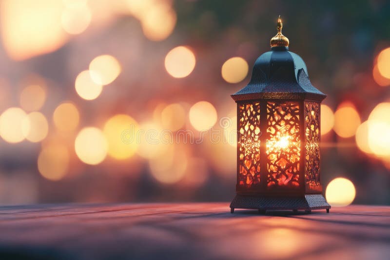 A Single Lantern Lit on a Wooden Table Providing Warm Light Stock Photo ...