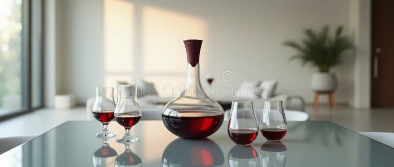 Single Large Decanter of Red Wine on a Modern Glass Table Stock Photo ...