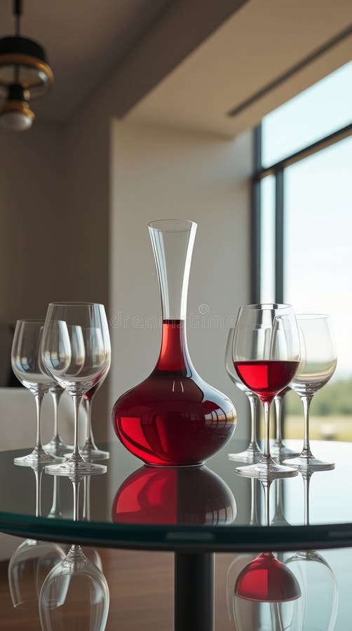 Single Large Decanter of Red Wine on a Modern Glass Table Stock Photo ...