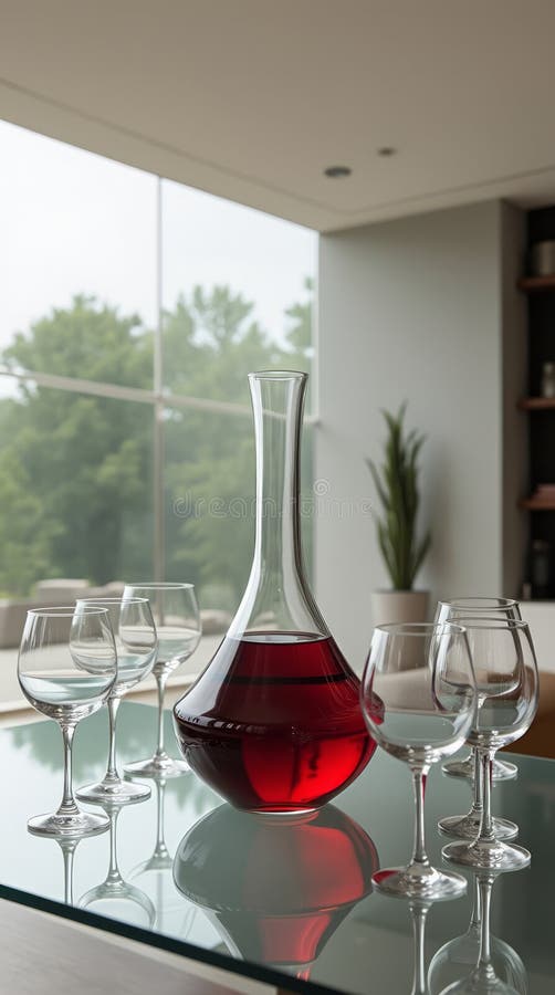 Single Large Decanter of Red Wine on a Modern Glass Table Stock Photo ...