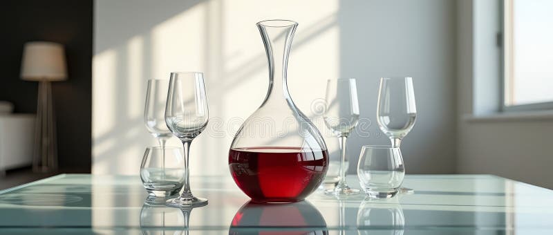 Single Large Decanter of Red Wine on a Modern Glass Table Stock ...