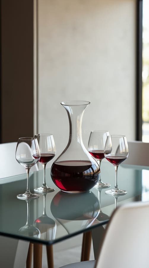 Single Large Decanter of Red Wine on a Modern Glass Table Stock ...