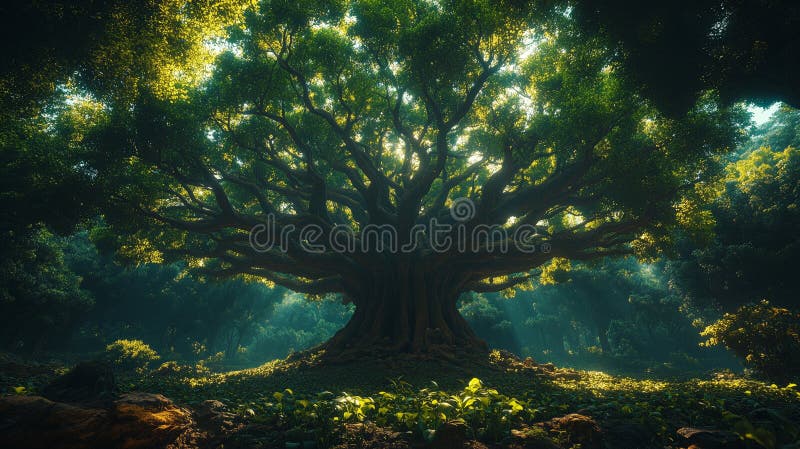 A Single Large Green Banyan Tree with Thick Leaves Stock Photo - Image ...