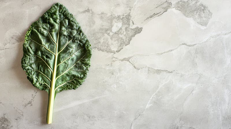 A Single Large Leaf of Swiss Chard Styled on a Clean Stone Countertop ...