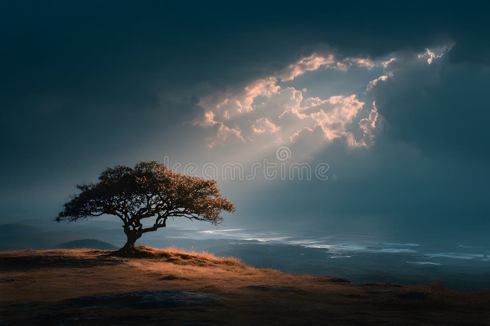 A Single Large Tree Standing on a Grassy Hilltop Under a Wide Sky ...