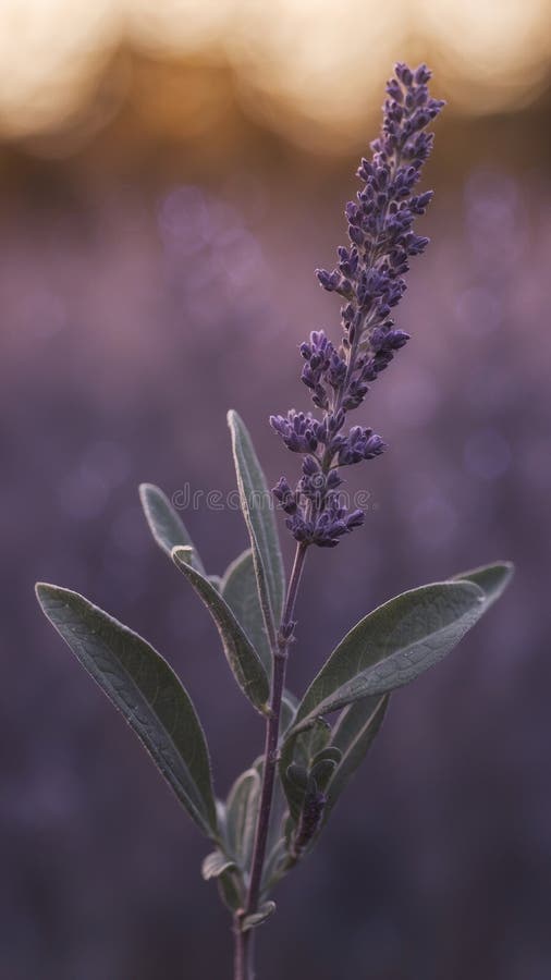 Single Lavender Sprig with Leaves on Purple Background. Stock ...