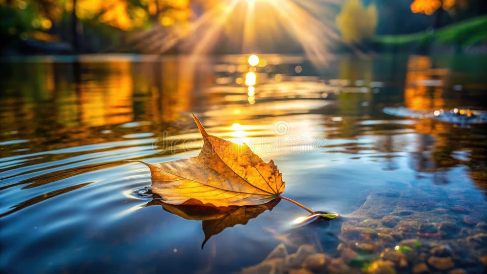 Single Leaf Drifting on Calm River, Illuminated by Sunlight Stock Photo ...