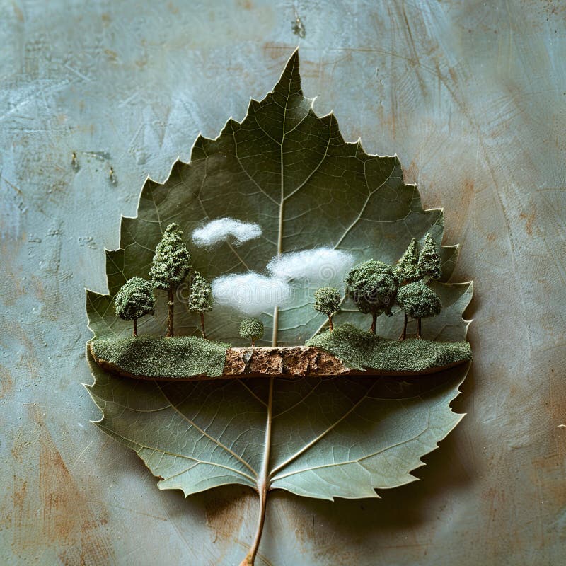 Single Leaf Encasing a Serene Forest Scene with Tiny Cloud Accents ...