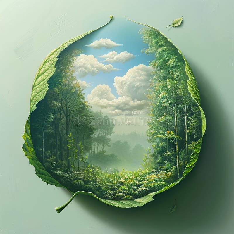 Single Leaf Encasing a Serene Forest Scene with Tiny Cloud Accents ...