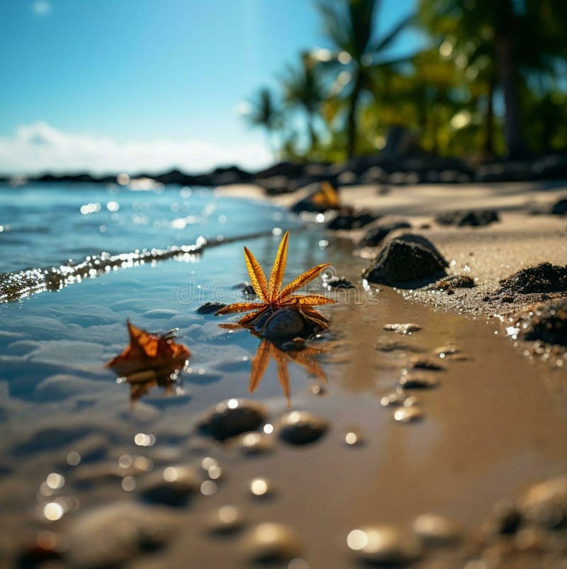 Serene Beach Leaf Reflection: a Tropical Paradise Stock Illustration ...