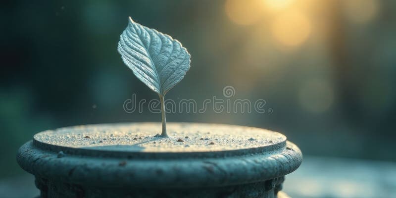 A Single Leaf Sprouts from a Textured Surface, Bathed in the Warm Glow ...