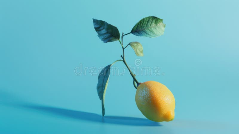 A Single Lemon Siting on a Leaf on a Blue Background, Suitable for Food ...
