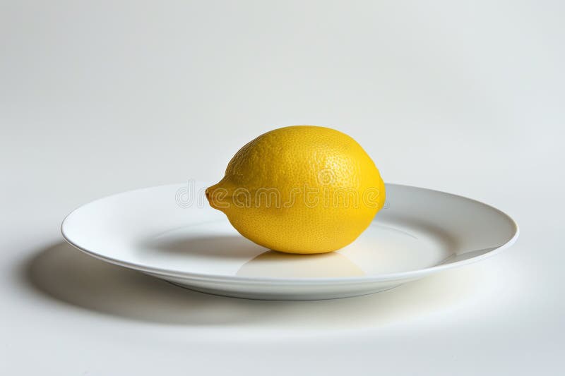 Single Lemon Resting on a White Plate in Soft Natural Light Stock ...