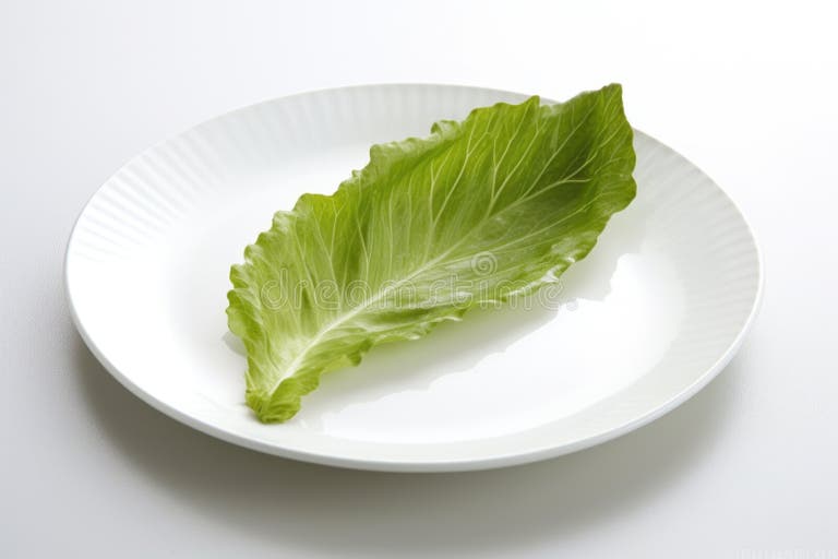A Single Lettuce Leaf on a White Plate Stock Photo - Image of food ...