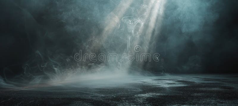 A Single Light Beam Pierces through Dense Fog Over an Empty Road at ...