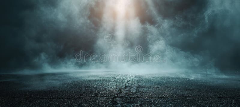 A Single Light Beam Pierces through Dense Fog Over an Empty Road at ...