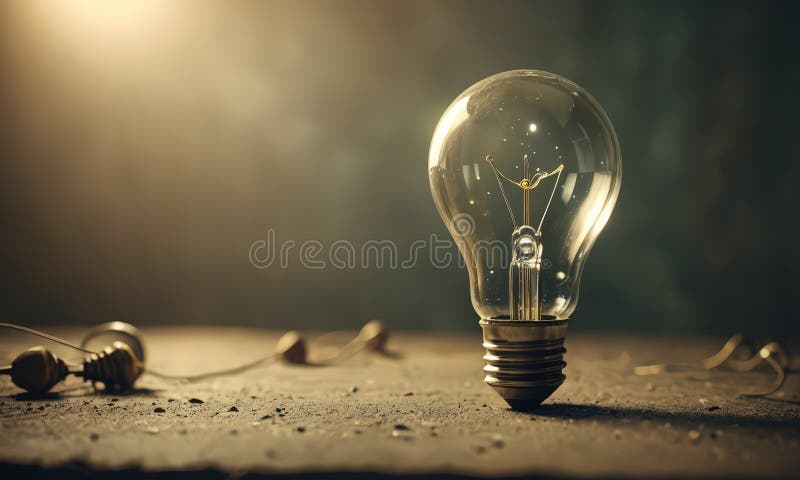 Single Light Bulb with Glowing White Light Inside Rests on Concrete ...