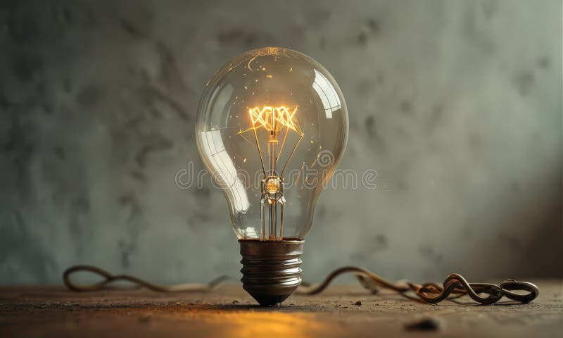 Single Light Bulb with Glowing Yellow Light is Centered on Wooden ...