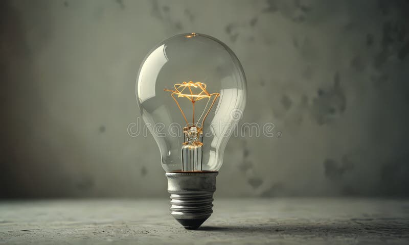 Single Light Bulb with Glowing Yellow Light Inside Rests on Gray ...