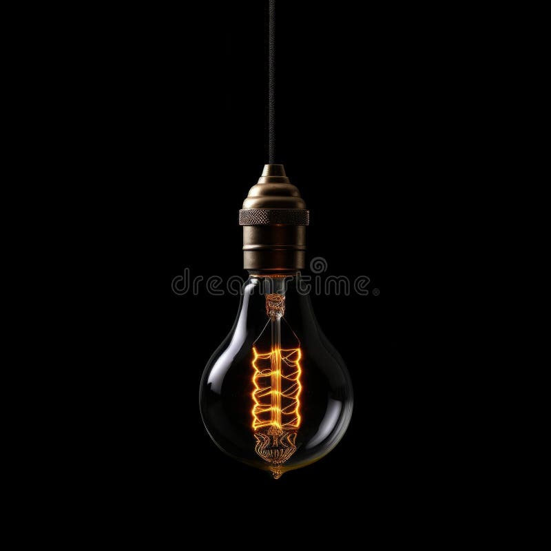 Single Light Bulb Hanging Down on Black Background,generated with AI ...