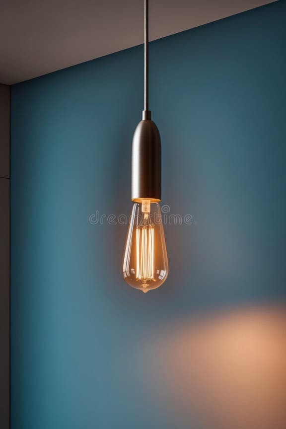 A Single Light Bulb Illuminates a Blue Wall in a Dim Room. Stock Image ...