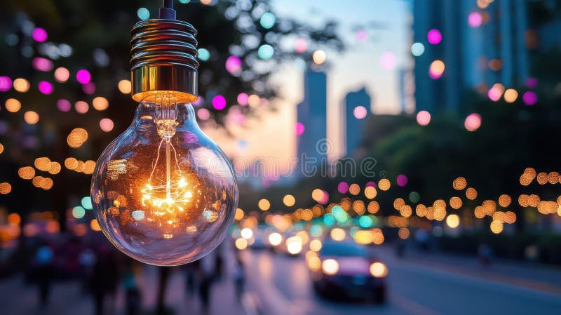 A Single Light Bulb Suspended from a Street Light Pole in an Urban ...