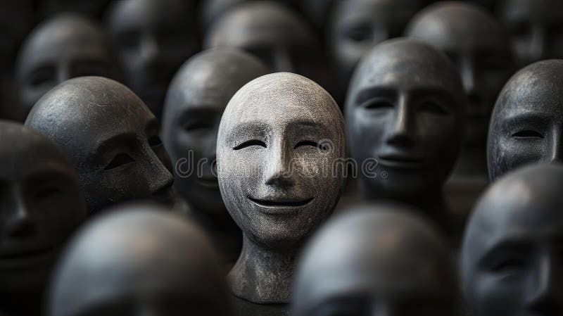 A Single Light-colored Smiling Mask Stands Out among a Crowd of Dark ...