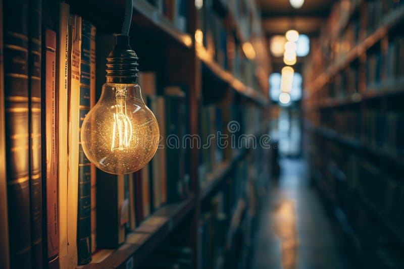 A Lone Light Bulb Shines Brightly in the Dimly Lit Aisles of a Library ...
