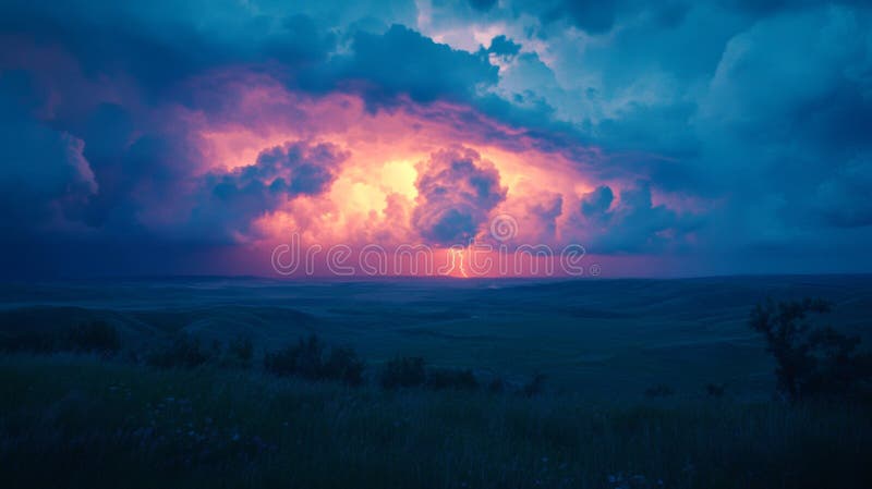 A Single Lightning Bolt Illuminates Pink and Blue Storm Clouds Over a ...