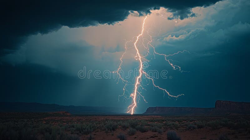 A Single Lightning Bolt Strikes the Desert Landscape with a Dark Stormy ...