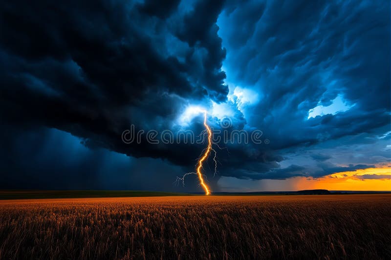 A Single Lightning Bolt Strikes a Field during a Dramatic Thunderstorm ...