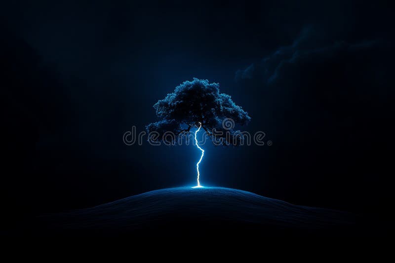 A Single Lightning Bolt Strikes a Hilltop, Illuminating a Dark Sky with ...