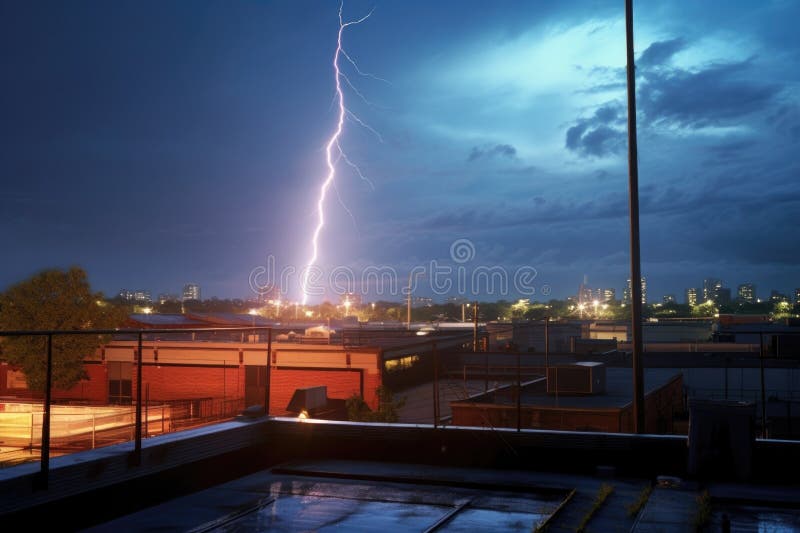 A Single Lightning Bolt Striking an Antenna on a City Rooftop Stock ...