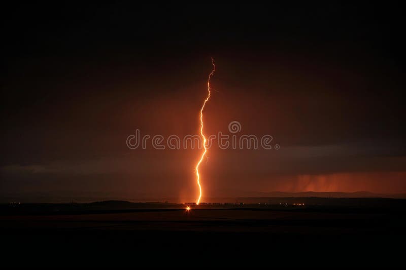 A Single Lightning Bolt Striking the Ground, Illuminating Dark Sky with ...