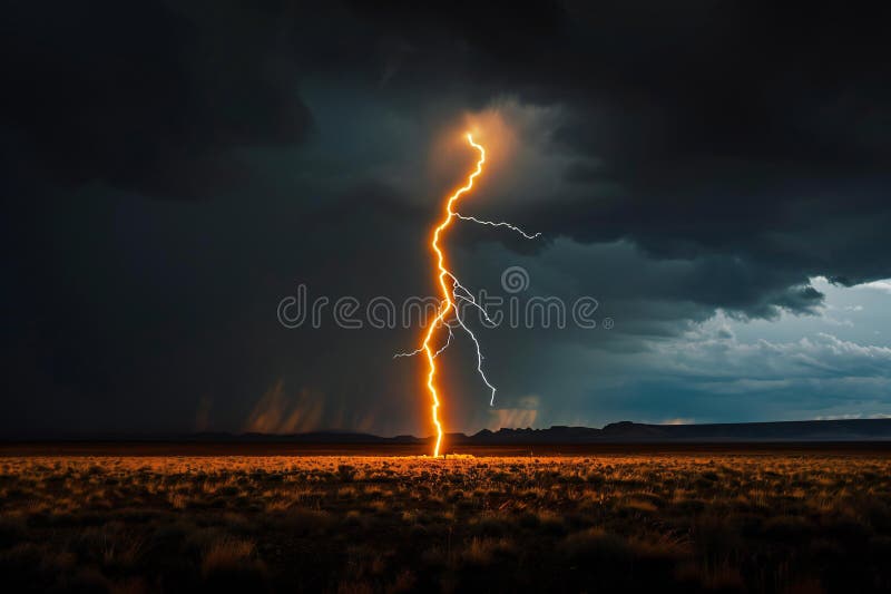 A Single Lightning Bolt Striking the Ground, Illuminating Dark Sky with ...