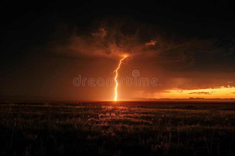 A Single Lightning Bolt Striking the Ground, Illuminating Dark Sky with ...