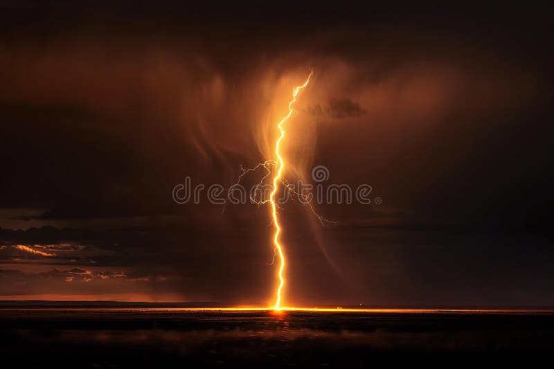 A Single Lightning Bolt Striking the Ground, Illuminating Dark Sky with ...